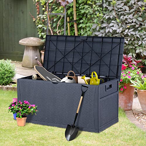 DOIT 120 Gallon Deck Box, Large Waterproof Outdoor Deck Storage Box Resin Wicker Storage Bench Box for Outdoor Pillows, Pool Toys, Garden Tools Storing - Dark Grey