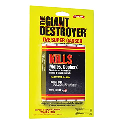 The Giant Destroyer (GAS KILLER) (1Pack of 4 Tubes) kills Moles, Gophers, Woodchucks, Norway Rats, Skunks, Ground Squirrels in their Holes, Tunnels, Burrows. NO dealing w/ dead pest, better than traps