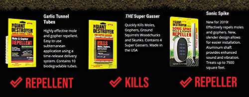 The Giant Destroyer (GAS KILLER) (1Pack of 4 Tubes) kills Moles, Gophers, Woodchucks, Norway Rats, Skunks, Ground Squirrels in their Holes, Tunnels, Burrows. NO dealing w/ dead pest, better than traps