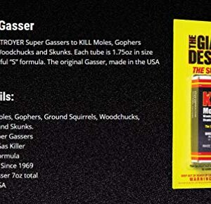 The Giant Destroyer (GAS KILLER) (1Pack of 4 Tubes) kills Moles, Gophers, Woodchucks, Norway Rats, Skunks, Ground Squirrels in their Holes, Tunnels, Burrows. NO dealing w/ dead pest, better than traps