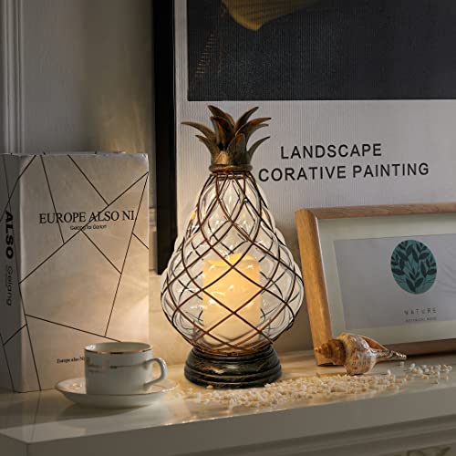 MOZEAL 13" Outdoor Glass Pineapple Lantern,Ip44 Waterproof,6 Hours Timer,Decorative Candle Lantern,with Flameless Candles,Battery Operated,for Front Porch/Patio/Beach/Garden/Pineapple Theme Decor