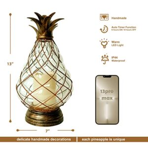 MOZEAL 13" Outdoor Glass Pineapple Lantern,Ip44 Waterproof,6 Hours Timer,Decorative Candle Lantern,with Flameless Candles,Battery Operated,for Front Porch/Patio/Beach/Garden/Pineapple Theme Decor