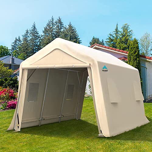 ADVANCE OUTDOOR 10X15 ft Garage Shelter Steel Metal Peak Roof Anti-Snow Portable Storage Shed Carports for Motorcycle Boat or Garden Tools with 2 Roll up Doors & Vents, Beige