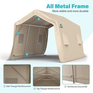 ADVANCE OUTDOOR 10X15 ft Garage Shelter Steel Metal Peak Roof Anti-Snow Portable Storage Shed Carports for Motorcycle Boat or Garden Tools with 2 Roll up Doors & Vents, Beige