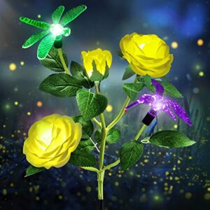 tynled solar lights outdoor decorative, waterproof led multi-color changing outdoor solar garden statues decor lights rose flowers solar stake lights hummingbird dragonfly for garden yard (yellow)