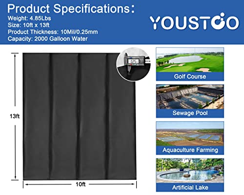 YOUSTOO Pond Liner - 10 by 13-Feet Fish Pond Liners for Outdoor Ponds, Lightweight Highly Flexible Pond Skins for Fish Ponds, Water Features, Garden Water Fountains, Waterfalls