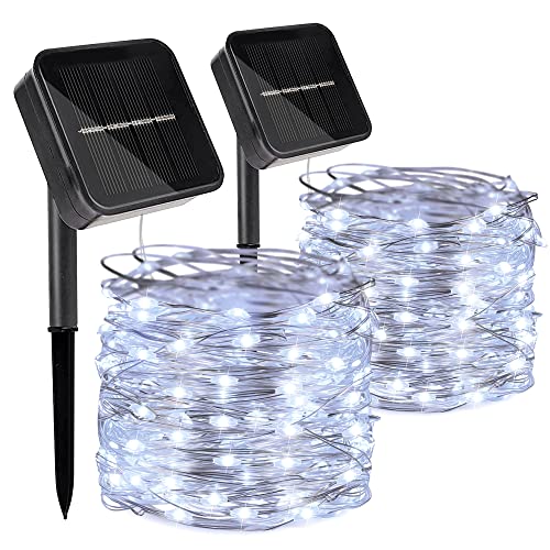 kemooie 2 Packs Solar String Lights, 100 LED 33FT 8 Twinkle Modes White Solar Powered Fairy Lights, Waterproof for Outdoor, Tree, Garden, Christmas Decorations (White)