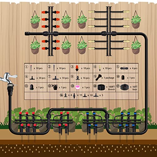 Drip Irrigation Kit, MUCIAKIE 116FT Irrigation System, Irrigation trubing Watering System Plant Watering Devices Adjustable Nozzle Emitters Sprinkler Barbed Fittings