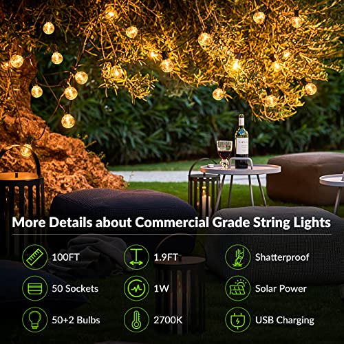 100FT G40 Solar String Lights, Globe Outdoor String Lights with 52 E12 Waterproof LED Bulbs, 2700K Shatterproof Patio Lights, Solar Powered Hanging Lights for Porch Garden Backyard Pergola Bistro Deck