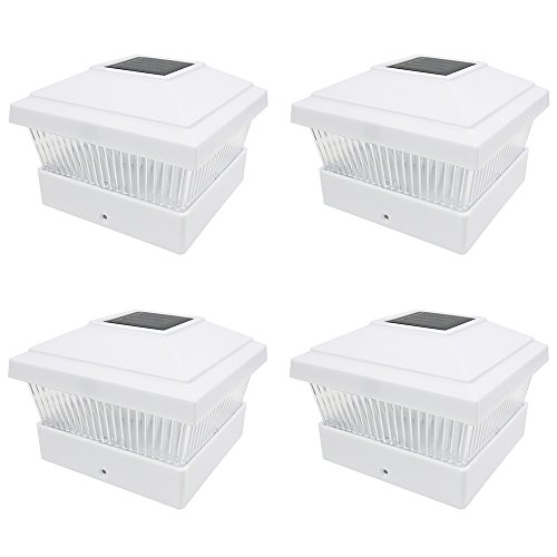 iGlow 4 Pack White Outdoor Garden 5 x 5 Solar LED Post Deck Cap Square Fence Light Landscape Lamp Lawn PVC Vinyl Wood