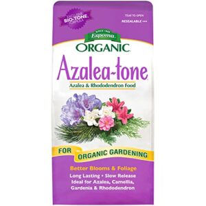 espoma organic azalea-tone 4-3-4 natural & organic fertilizer and plant food for all flowering evergreen shrubs. 4 lb. bag. use for planting & feeding to promote growth & blooming