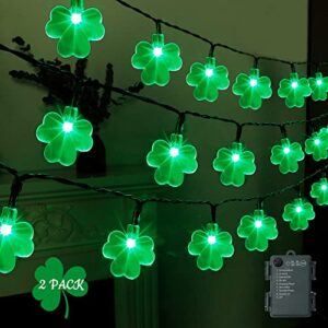 ljlnion st. patricks day string lights outdoor, 50 led 16 ft shamrocks decorative green leaf lights battery operated, 8 lighting modes & timer, waterproof for home garden party decoration, 2 pack