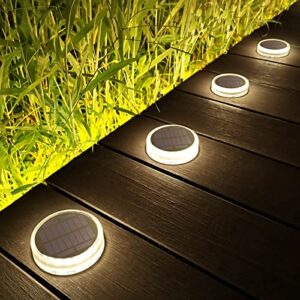 lacasa solar deck lights, 4 pack 30lm outdoor solar powered step lights, led dock lights natural white 4000k light up all night ip68 waterproof auto on/off for garden stairs driveway pathway lighting