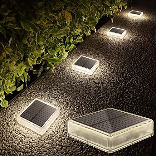 Lacasa Solar Deck Lights Outdoor Waterproof LED, Step Lights Solar Powered Driveway Dock Lights Marine, White 4000K, Dusk to Dawn, Stick on Ground for Garden Steps Yard Patio Pathway, Square, 4 Pack