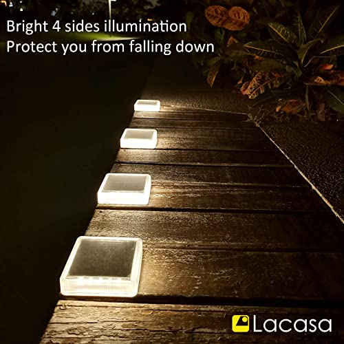 Lacasa Solar Deck Lights Outdoor Waterproof LED, Step Lights Solar Powered Driveway Dock Lights Marine, White 4000K, Dusk to Dawn, Stick on Ground for Garden Steps Yard Patio Pathway, Square, 4 Pack