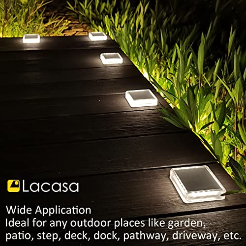 Lacasa Solar Deck Lights Outdoor Waterproof LED, Step Lights Solar Powered Driveway Dock Lights Marine, White 4000K, Dusk to Dawn, Stick on Ground for Garden Steps Yard Patio Pathway, Square, 4 Pack