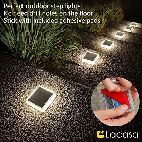 Lacasa Solar Deck Lights Outdoor Waterproof LED, Step Lights Solar Powered Driveway Dock Lights Marine, White 4000K, Dusk to Dawn, Stick on Ground for Garden Steps Yard Patio Pathway, Square, 4 Pack