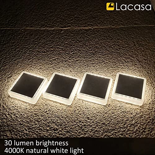 Lacasa Solar Deck Lights Outdoor Waterproof LED, Step Lights Solar Powered Driveway Dock Lights Marine, White 4000K, Dusk to Dawn, Stick on Ground for Garden Steps Yard Patio Pathway, Square, 4 Pack