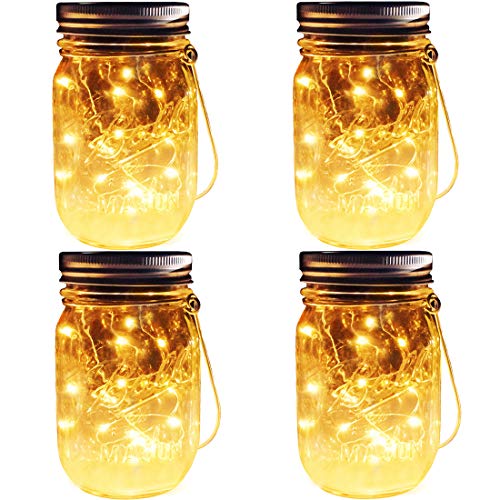 Solar Mason Jar Lights, 4 Pack 30 Leds Waterproof Fairy Firefly String Lights Build-in Glass Mason Jar, Best Patio Garden Decor Solar Hanging Lanterns Outdoor Warm White (4 Pack-Mason Jars Included)