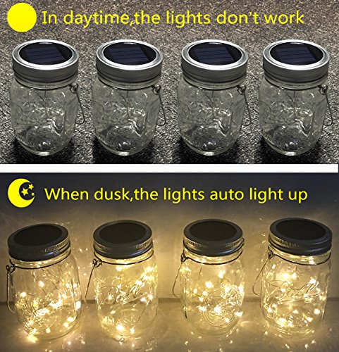 Solar Mason Jar Lights, 4 Pack 30 Leds Waterproof Fairy Firefly String Lights Build-in Glass Mason Jar, Best Patio Garden Decor Solar Hanging Lanterns Outdoor Warm White (4 Pack-Mason Jars Included)