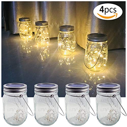 Solar Mason Jar Lights, 4 Pack 30 Leds Waterproof Fairy Firefly String Lights Build-in Glass Mason Jar, Best Patio Garden Decor Solar Hanging Lanterns Outdoor Warm White (4 Pack-Mason Jars Included)