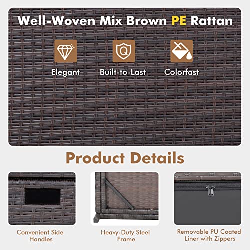 Tangkula 50 Gallon Wicker Deck Storage Box, Patio Rattan Storage Container with 2 Universal Wheels, Safety Pneumatic Rod, Zippered Liner, Sturdy Steel Frame, Ideal for Backyard, Poolside (Mix Brown)