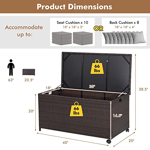 Tangkula 50 Gallon Wicker Deck Storage Box, Patio Rattan Storage Container with 2 Universal Wheels, Safety Pneumatic Rod, Zippered Liner, Sturdy Steel Frame, Ideal for Backyard, Poolside (Mix Brown)