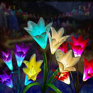 outdoor flower solar lights 3 pack, aukora waterproof solar garden lights with 12 lily flowers, color-changing led solar stake lights for patio back yard pathway walkway garden decor(white purple red)