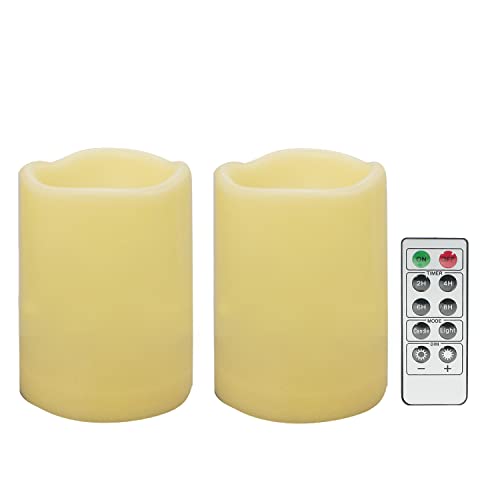 YINCHI Waterproof Outdoor Battery Operated Flameless Candles with Remote Timer Plastic Flickering Fake Electric LED Pillars for Lantern Garden Wedding Christmas Decorations 3x4 Inches 2 PCS