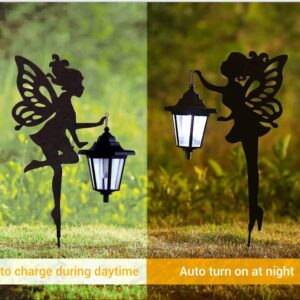 2 Pack Metal Fairy Solar Light Outdoor Decoration, Fairies Hanging Lantern with Ground Stakes Garden Decor, Black Decorative Sign Statue Silhouette Lamp for Outside Lawn, Patio Balcony Yard, Courtyard