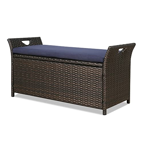 Ulax Furniture Outdoor Storage Bench, Deck Box for Patio Furniture, Rattan Style Deck Box w/Cushion (Navy)