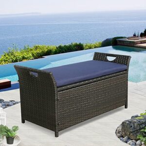 Ulax Furniture Outdoor Storage Bench, Deck Box for Patio Furniture, Rattan Style Deck Box w/Cushion (Navy)