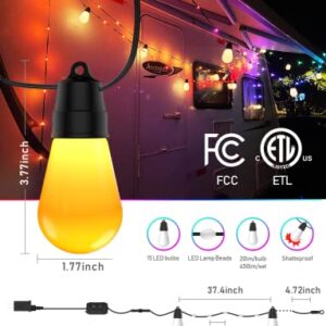 Outdoor String Lights Custom Modes - 50Ft Patio Lights with Rope Fairy App Control RGBW Smart Dimming Outside Light with Schedule Timer 84 LED 15 Edison Bulb for Backyard Garden Party Wedding Holidays