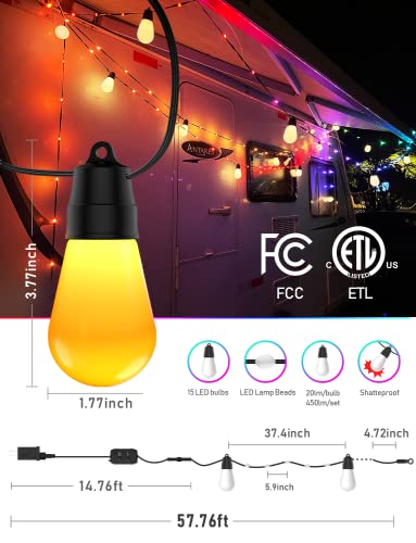 Outdoor String Lights Custom Modes - 50Ft Patio Lights with Rope Fairy App Control RGBW Smart Dimming Outside Light with Schedule Timer 84 LED 15 Edison Bulb for Backyard Garden Party Wedding Holidays