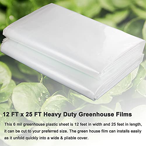 Yowlieu 12' x 25' Clear Greenhouse Plastic Sheeting, 6 Mil UV Resistant Polyethylene Greenhouse Film Hoop Green House Plastic Cover for Farms, Agriculture, Garden