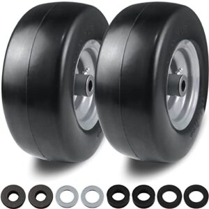 2 pcs 11×4.00-5″ flat free lawn mower tire on wheel, 3/4″ or 5/8″ bushing, 3.4″-4″-4.5-5″ centered hub, universal fit smooth tread tire for zero turn lawn mowers, with universal adapter kit