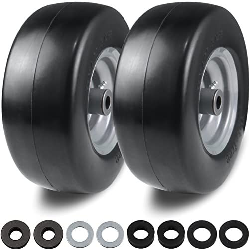 2 PCS 11x4.00-5" Flat Free Lawn Mower Tire on Wheel, 3/4" or 5/8" Bushing, 3.4"-4"-4.5-5" Centered Hub, Universal Fit Smooth Tread Tire for Zero Turn Lawn Mowers, with Universal Adapter Kit