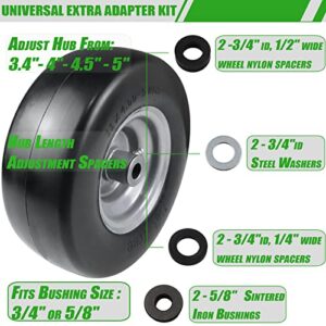 2 PCS 11x4.00-5" Flat Free Lawn Mower Tire on Wheel, 3/4" or 5/8" Bushing, 3.4"-4"-4.5-5" Centered Hub, Universal Fit Smooth Tread Tire for Zero Turn Lawn Mowers, with Universal Adapter Kit