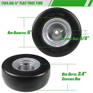 2 PCS 11x4.00-5" Flat Free Lawn Mower Tire on Wheel, 3/4" or 5/8" Bushing, 3.4"-4"-4.5-5" Centered Hub, Universal Fit Smooth Tread Tire for Zero Turn Lawn Mowers, with Universal Adapter Kit