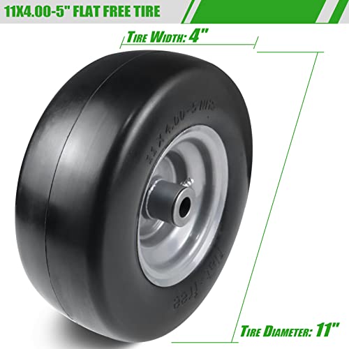 2 PCS 11x4.00-5" Flat Free Lawn Mower Tire on Wheel, 3/4" or 5/8" Bushing, 3.4"-4"-4.5-5" Centered Hub, Universal Fit Smooth Tread Tire for Zero Turn Lawn Mowers, with Universal Adapter Kit