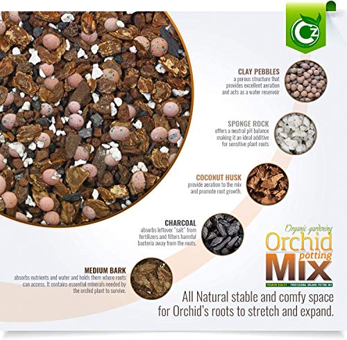 Organic Orchid Potting Mix - Made in USA - Premium Grade Recipe for Proper Root Development - Phalaenopsis, Cattleyas, Dendrobiums, Oncidiums and More! Fir Bark, Charcoal, Coconut Husk, Clay Pebbles