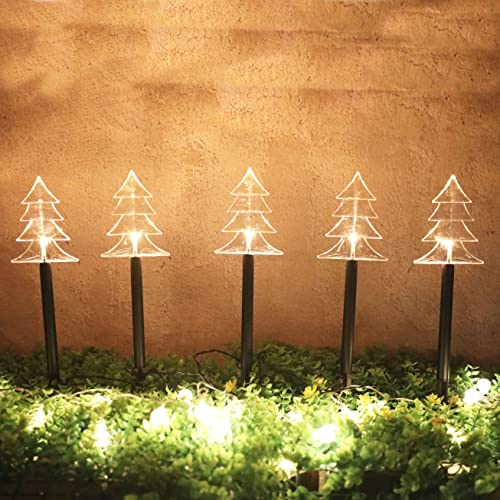 JOINTWIN Christmas Tree Led Pathway Lights Battery Operated with Timer Function for Lawn Yard Walkway Garden Decor Christmas Home Decoration Warm White Landscape Light - 5 Pack