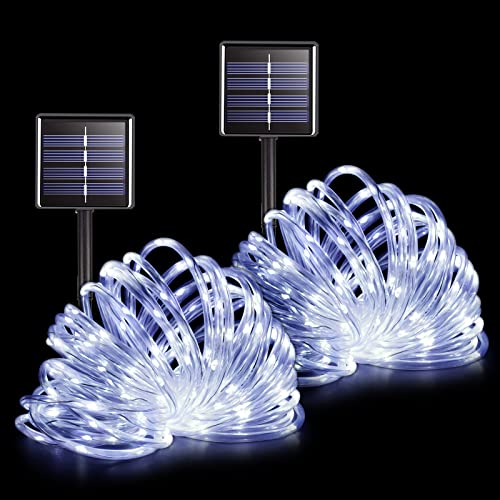 POTIVE 2 Pack Solar Rope Lights, 33 Ft 100 LED Solar Rope Lights Outdoor Waterproof, 8 Modes Solar String Lights for Patio Pool Garden Wedding Fence Walkway Christmas Decor (White)