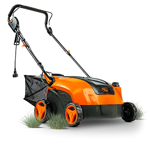 SuperHandy 2 in 1 Walk Behind Scarifier, Lawn Dethatcher Raker Corded Electric 120V 12-Amp 15-Inch Rake Path with Collection Bag for Yard, Lawn, Garden Care, Landscaping