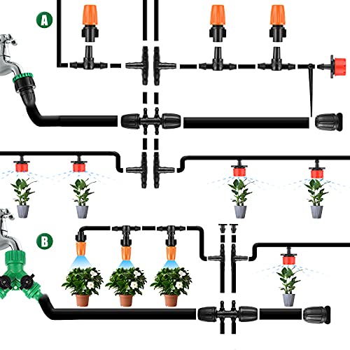 ZADEFERI Drip Irrigation Kit，164FT 197 Pack Garden Irrigation System 1/4'' 1/2'' Blank Distribution Tubing Watering Drip Kit Automatic Irrigation Equipment for Garden Greenhouse，Flower Bed，Patio，Lawn