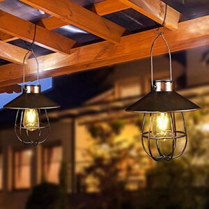 Solar Lantern Outdoor Hanging Lights Waterproof Garden Decor Led Metal Landscape Hanging Lantern for Patio Garden Porch Backyard (Copper 04)