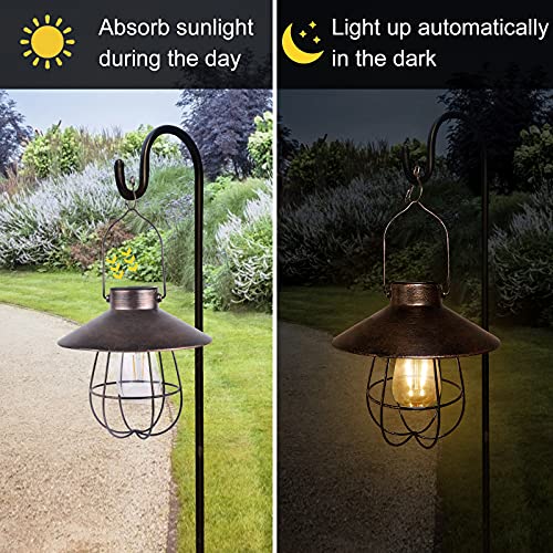 Solar Lantern Outdoor Hanging Lights Waterproof Garden Decor Led Metal Landscape Hanging Lantern for Patio Garden Porch Backyard (Copper 04)