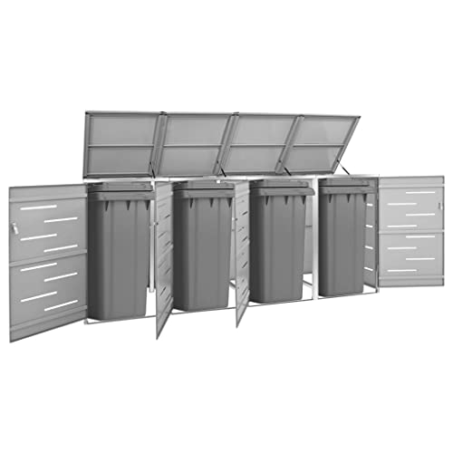 loibinfen Metal Quadruple Outdoor Wheelie Storage Bin Shed with Handy Door and Locking System for Barkyard Outdoor Patio Garden 27.2"x30.5"x45.3" Gray