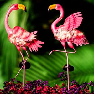 joiedomi 2 pack pink flamingo garden solar lights, flamingo pathway outdoor stake metal lights, waterproof solar led flamingo lights for outdoor lawn, garden, patio decoration, courtyard