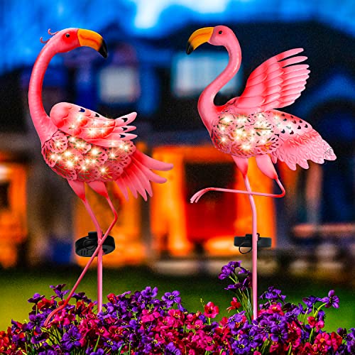 JOIEDOMI 2 Pack Pink Flamingo Garden Solar Lights, Flamingo Pathway Outdoor Stake Metal Lights, Waterproof Solar LED Flamingo Lights for Outdoor Lawn, Garden, Patio Decoration, Courtyard